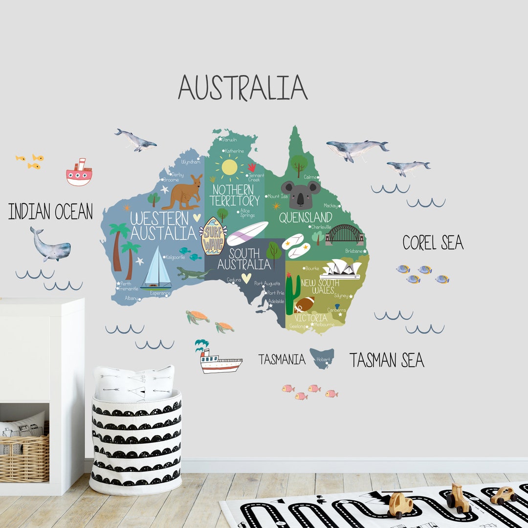 Australia Map Decal, Nursery Wall Decal, Kid Room Wall Sticker ...