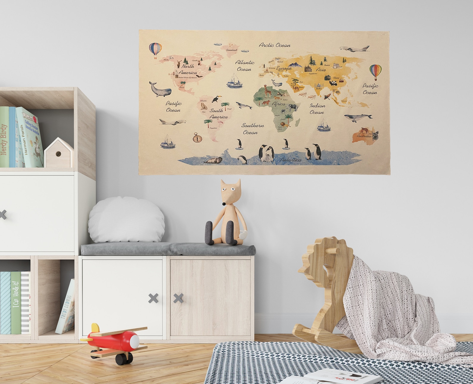 Hot Air Balloons World Map Tapestry Animal World Map | Etsy