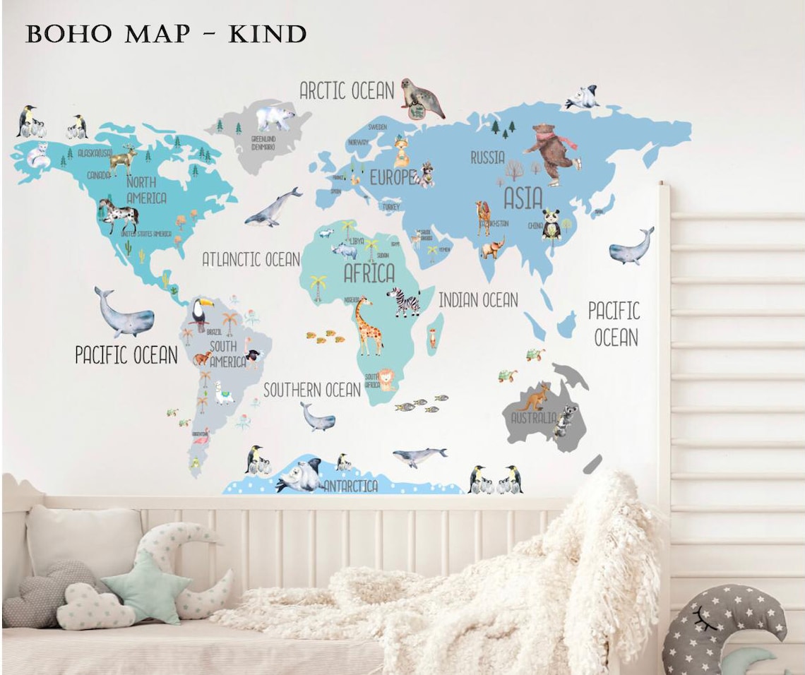 Boho World Map Decal / World Map Wall Sticker / Nursery Wall - Etsy