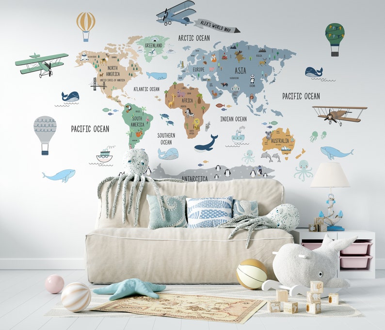 World Map Wall Decal for Kids Animal World Map Sticker - Etsy