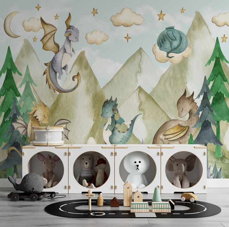 Watercolor Dragon Wallpaper, Nursery Dragon Wall Mural, Removable ...
