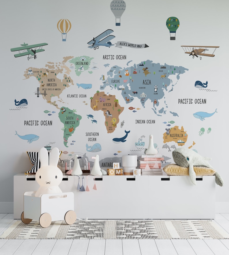 World Map Wall Decal for Kids Animal World Map Sticker - Etsy