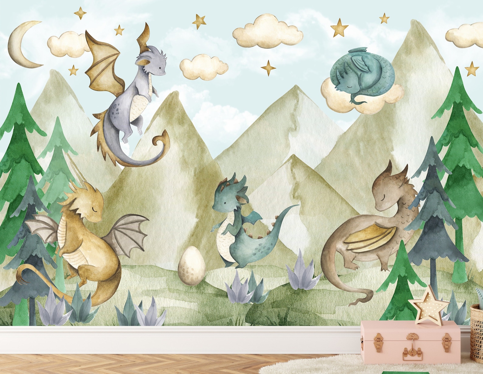 Watercolor Dragon Wallpaper, Nursery Dragon Wall Mural, Removable ...