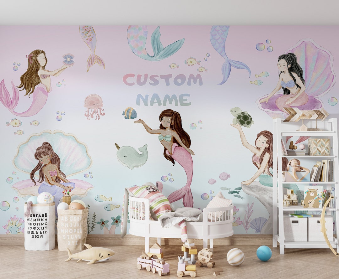Watercolor Mermaid Wallpaper, Kids Mermaid Wallpaper, Removable ...