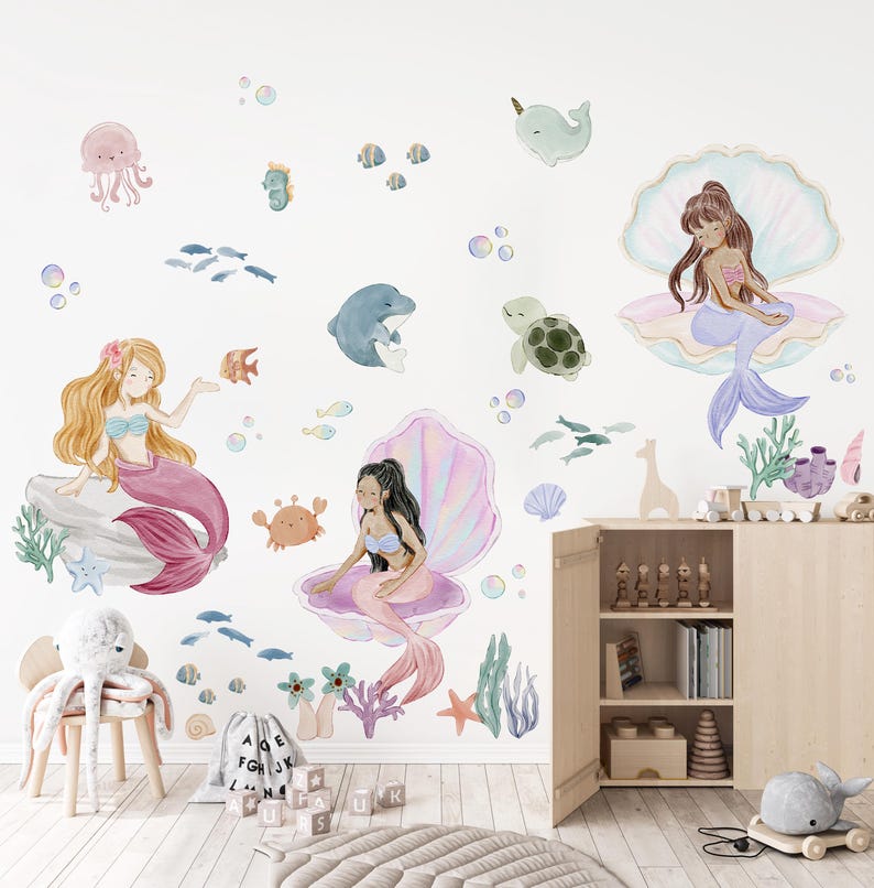 Huge Watercolor Mermaids & Ocean Animals Wall Decal Set, Mermaid Wall ...