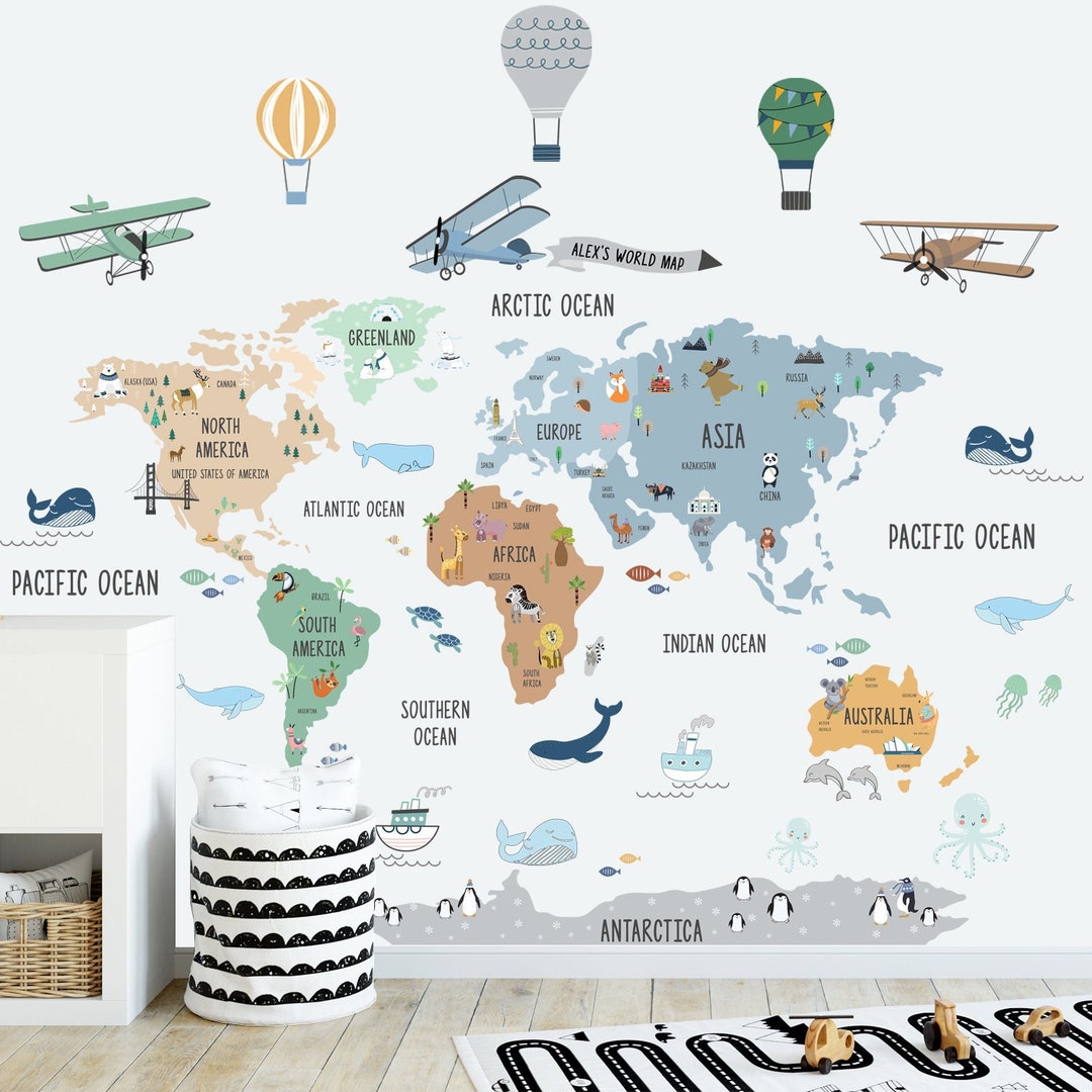 World Map Wall Decal for Kids, Animal World Map Sticker, Nursery World ...
