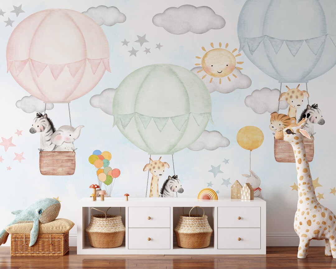 Jungle Flying Hot Air Balloon Mural, Nursery Animal Wallpaper, Jungle ...