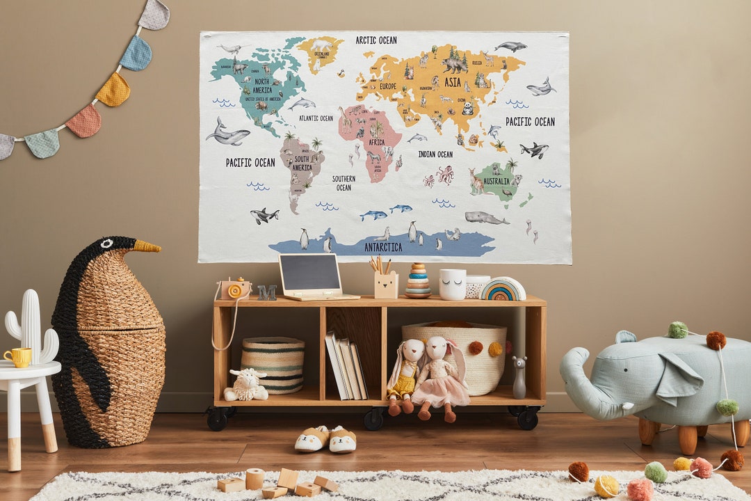 Kid's World Map Wall Tapestry, Nursery Animal World Map Flag, World Map ...