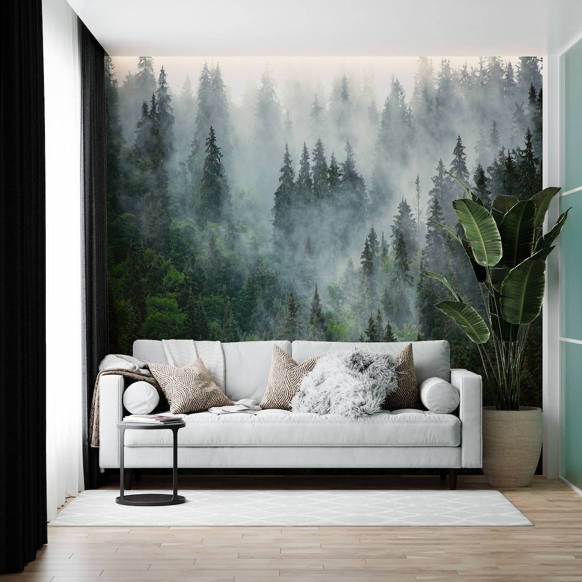 Forest Wallpaper, Foggy Forest Wall Mural, Removable Wallpaper, Tree ...