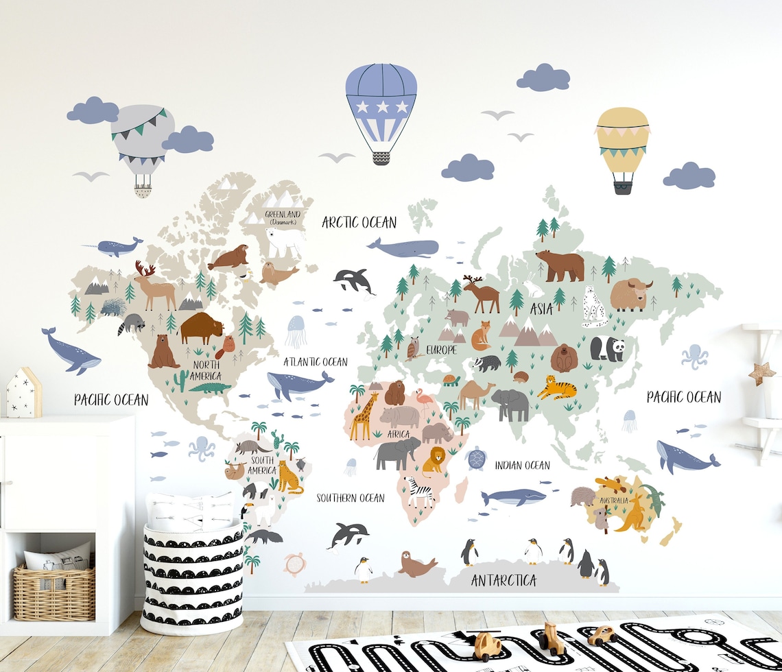 Animal World Map Decal Peel and Stick Map Decal World Map - Etsy