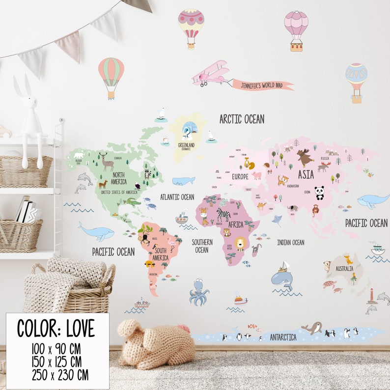 Toddler World Map Decal Animals World Map Sticker Peel and - Etsy