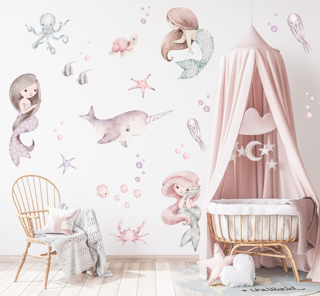 Watercolor Mermaid Wall Decal, Girls Room Wall Sticker, Under the Sea ...