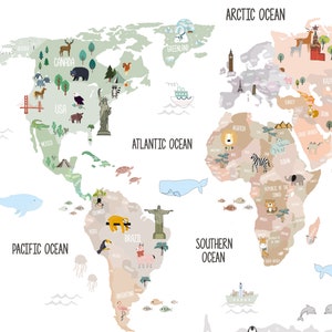 Country Names Colorful World Map Sticker, Animal World Map Decal, Peel ...