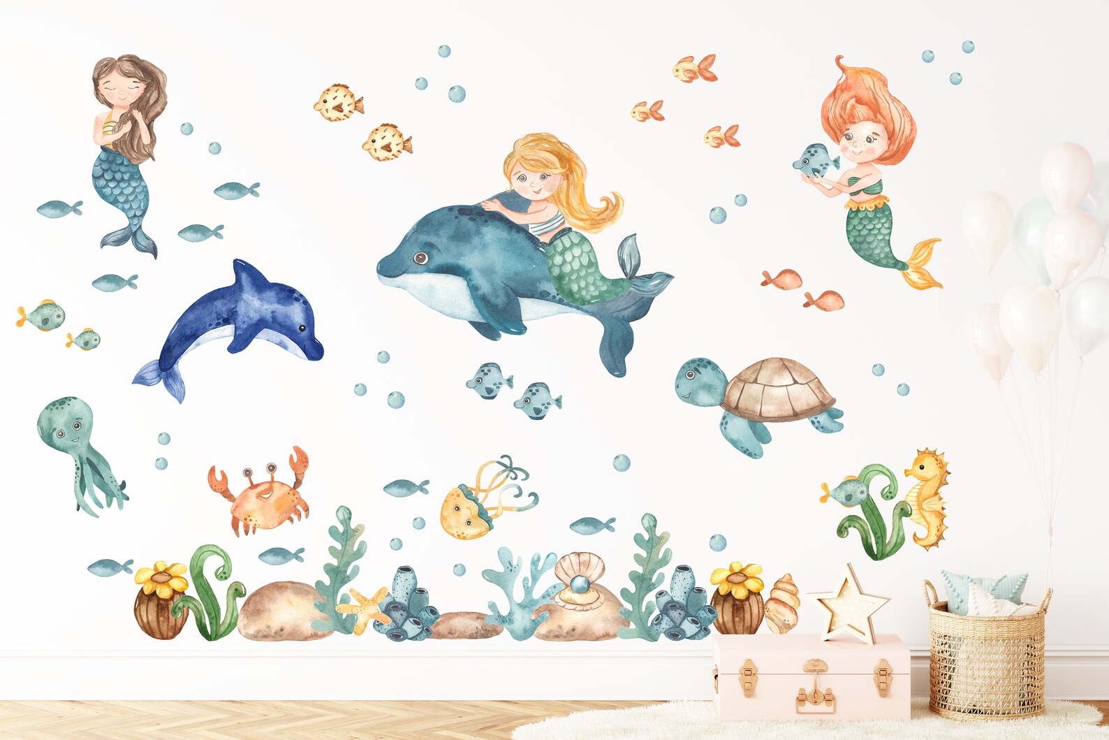 Mermaid Ocean Animals Wall Decal, Nursery Undersea Wallsticker, Sea ...