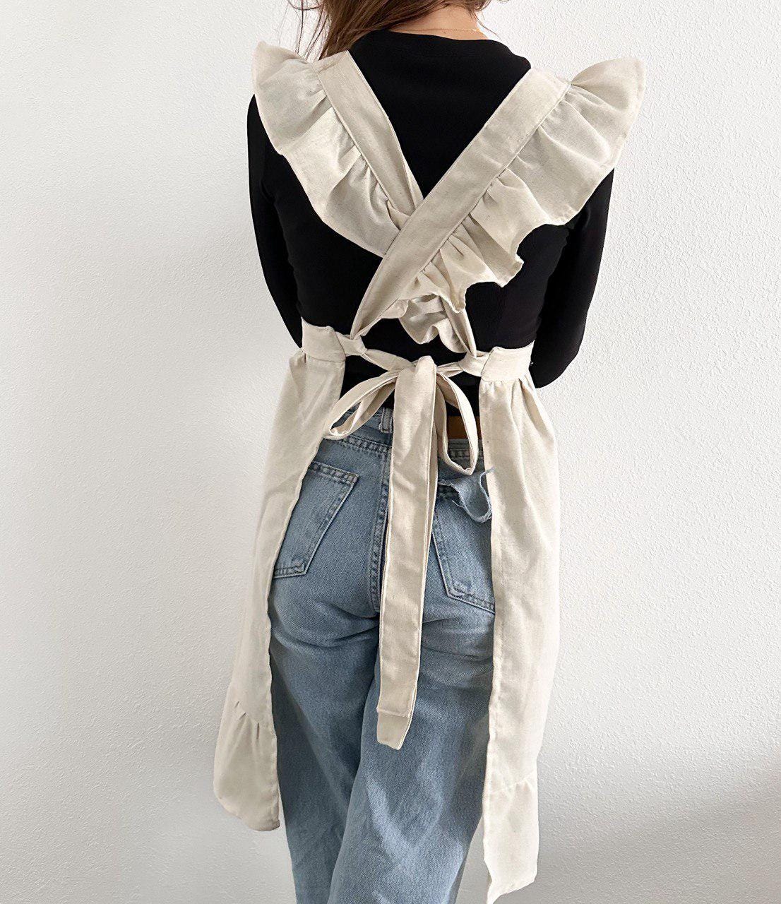 Embroidered Linen Pinafore Apron | Custom Boho Kitchen Apron ...