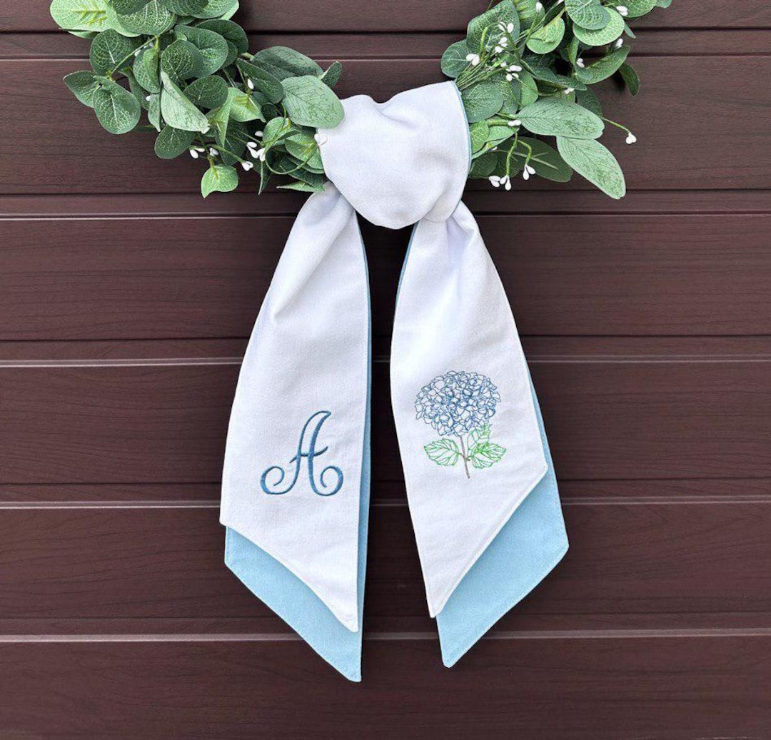 Wreath Sash for Spring, Embroidered Hydrangea, Personalized Door Decor ...