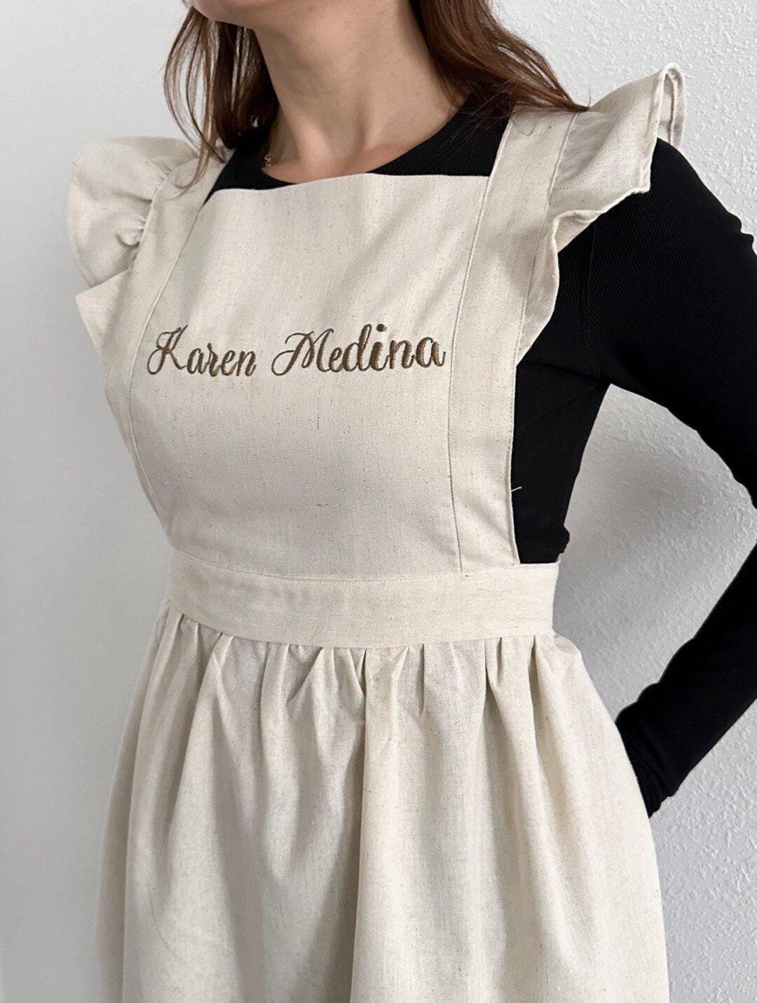 Embroidered Linen Pinafore Apron | Custom Boho Kitchen Apron ...