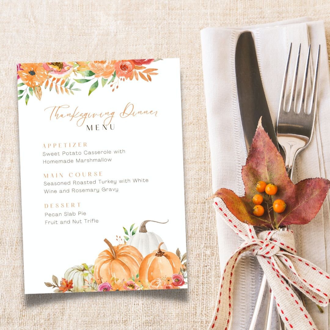 Thanksgiving Menu PRINTABLE, Card Design, Card Template, Digital ...