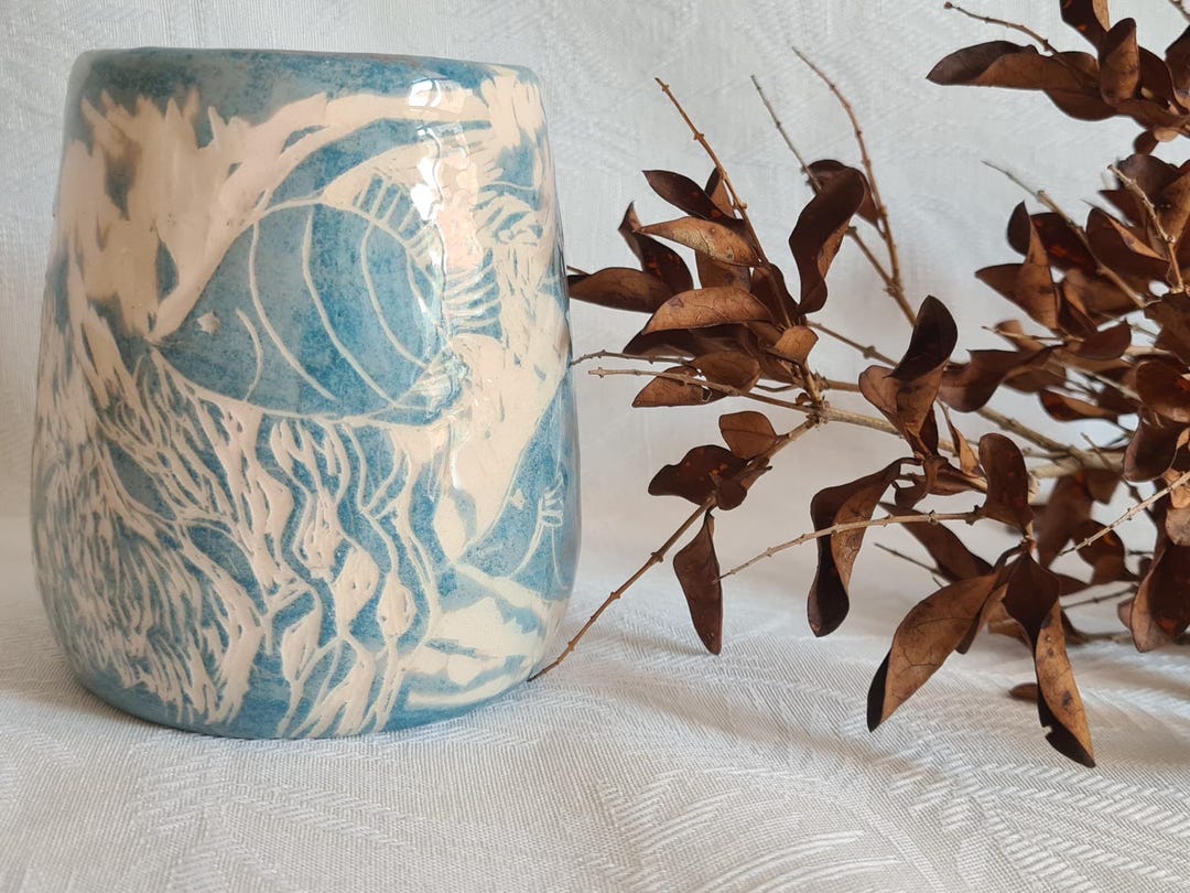 Sgraffito Ceramic Fish Design Mug, Blue Handmade Mug - Etsy