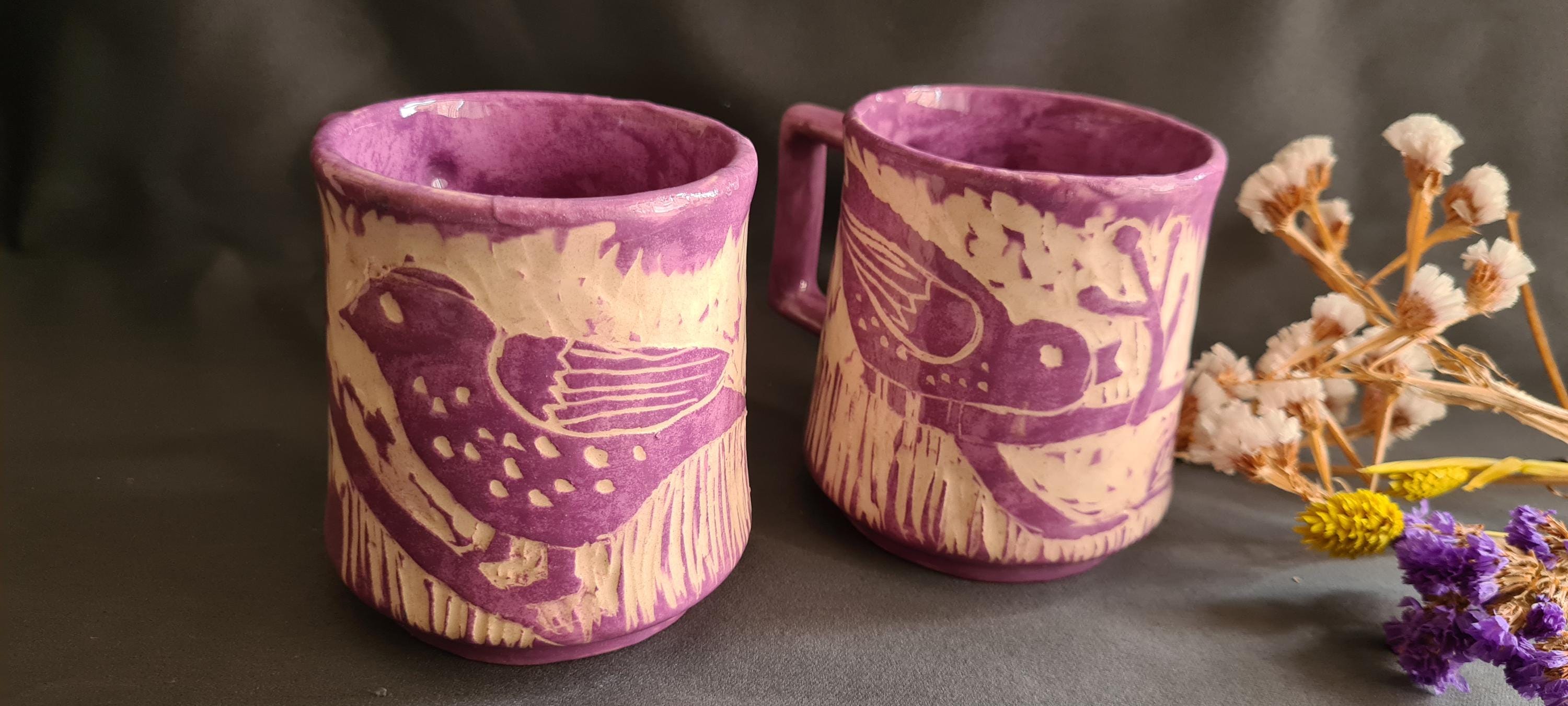 Purple Mug With Sgraffito Technique, Unique Coffee Cup With Bird Design ...