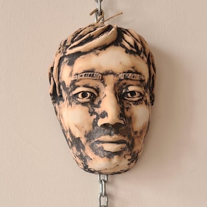 Wall Sculpture Art Children's Mask, Unique Natural Clay Color Ceramic ...