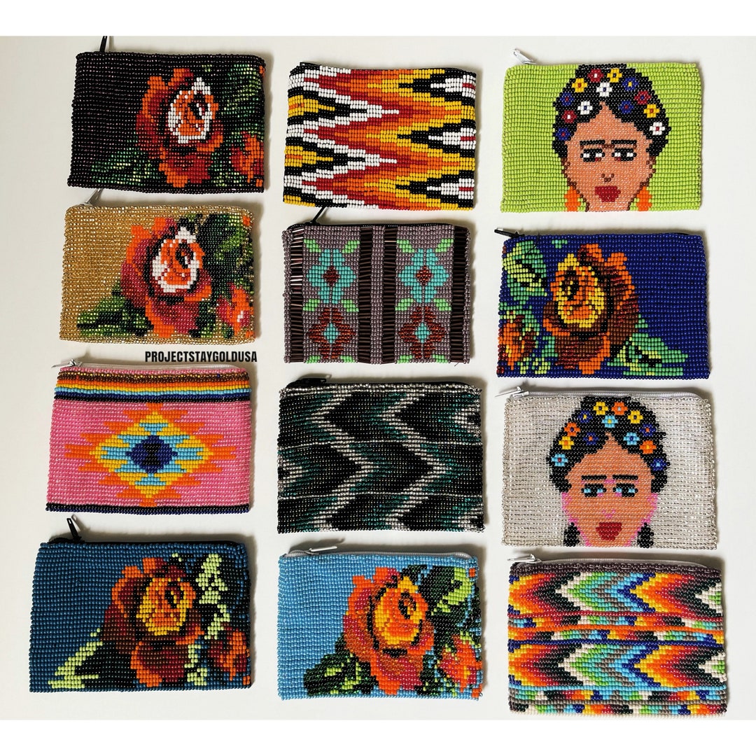 Mexican Huichol Beaded Coin Purse Pouch, Beaded Colorful Purse Change ...
