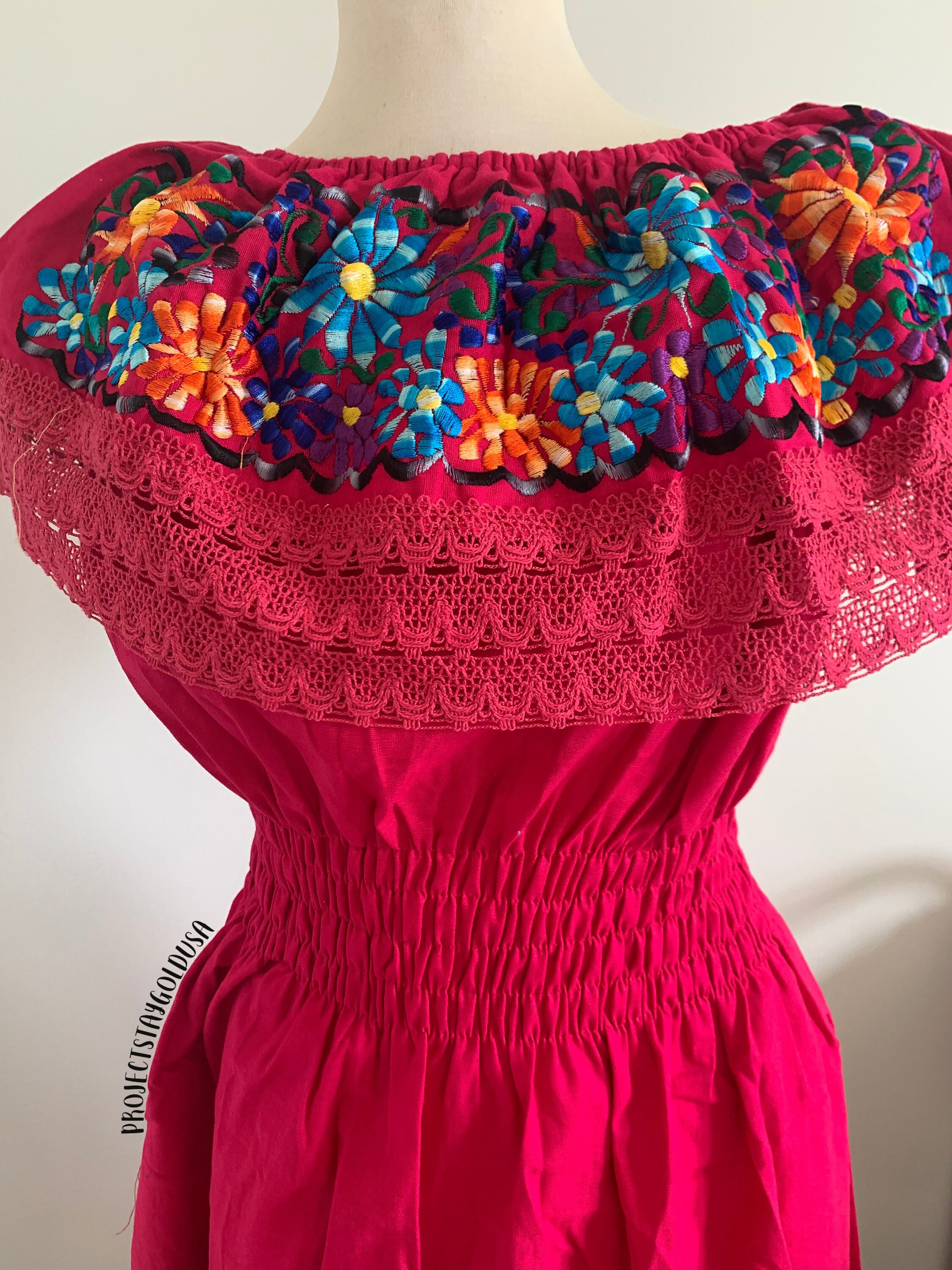 ROSE PINK Floral Mexican Embroidered Flower Off the Shoulder | Etsy