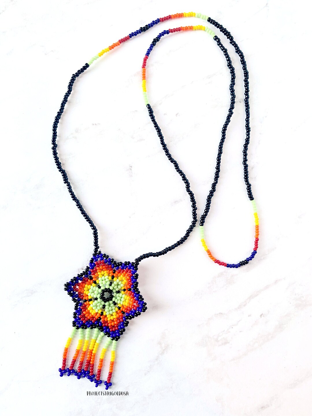 Huichol Beaded Tribal Necklace, Seed Bead Pendant Necklace, Native ...