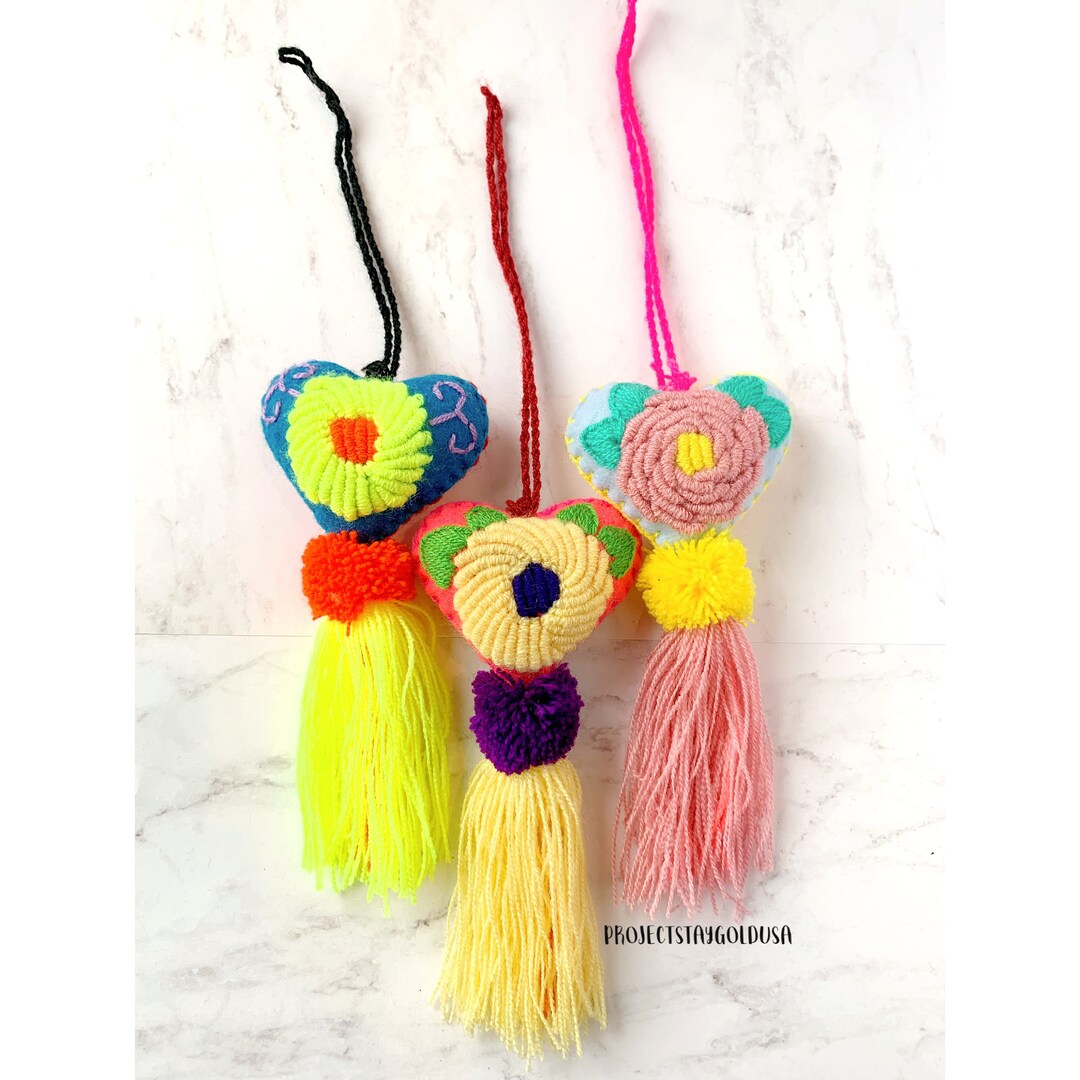 SET OF 3 Mexican Felt Pom Pom, Car Accessory, Ornament, Pom Pom Tassel ...