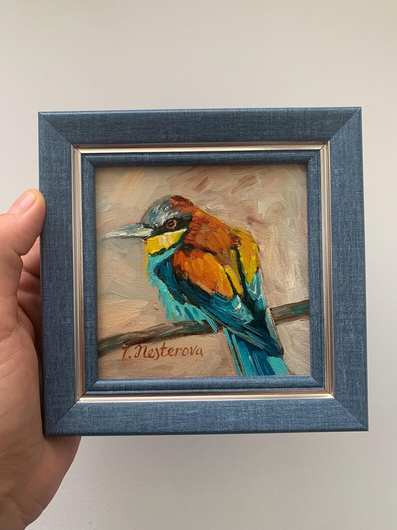 Bird Art. Framed Small Tiny Original Oil Painting 4x4 Inches Artwork ...