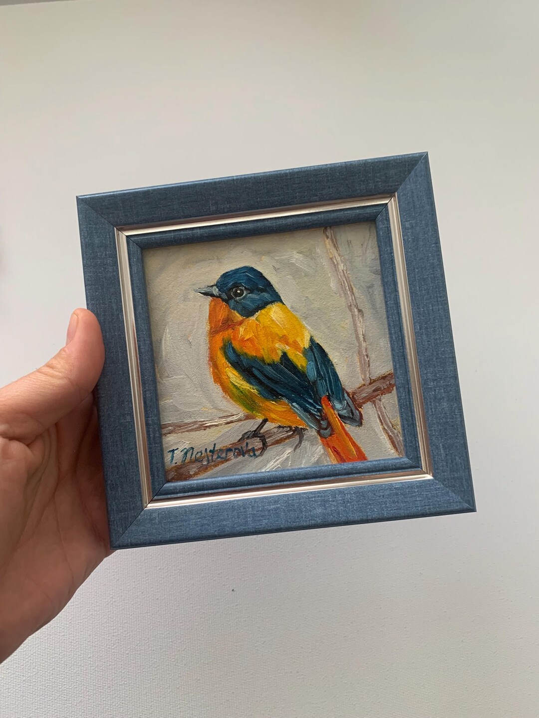 Bird Art. Framed Small Tiny Original Oil Painting 4x4 Inches Artwork ...