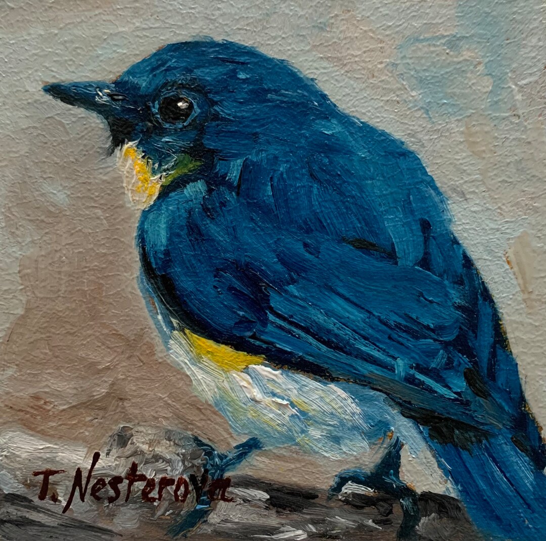 Bird Art. Small Tiny Oil Painting 4x4 Inches. Blue Bird. Original Fine ...