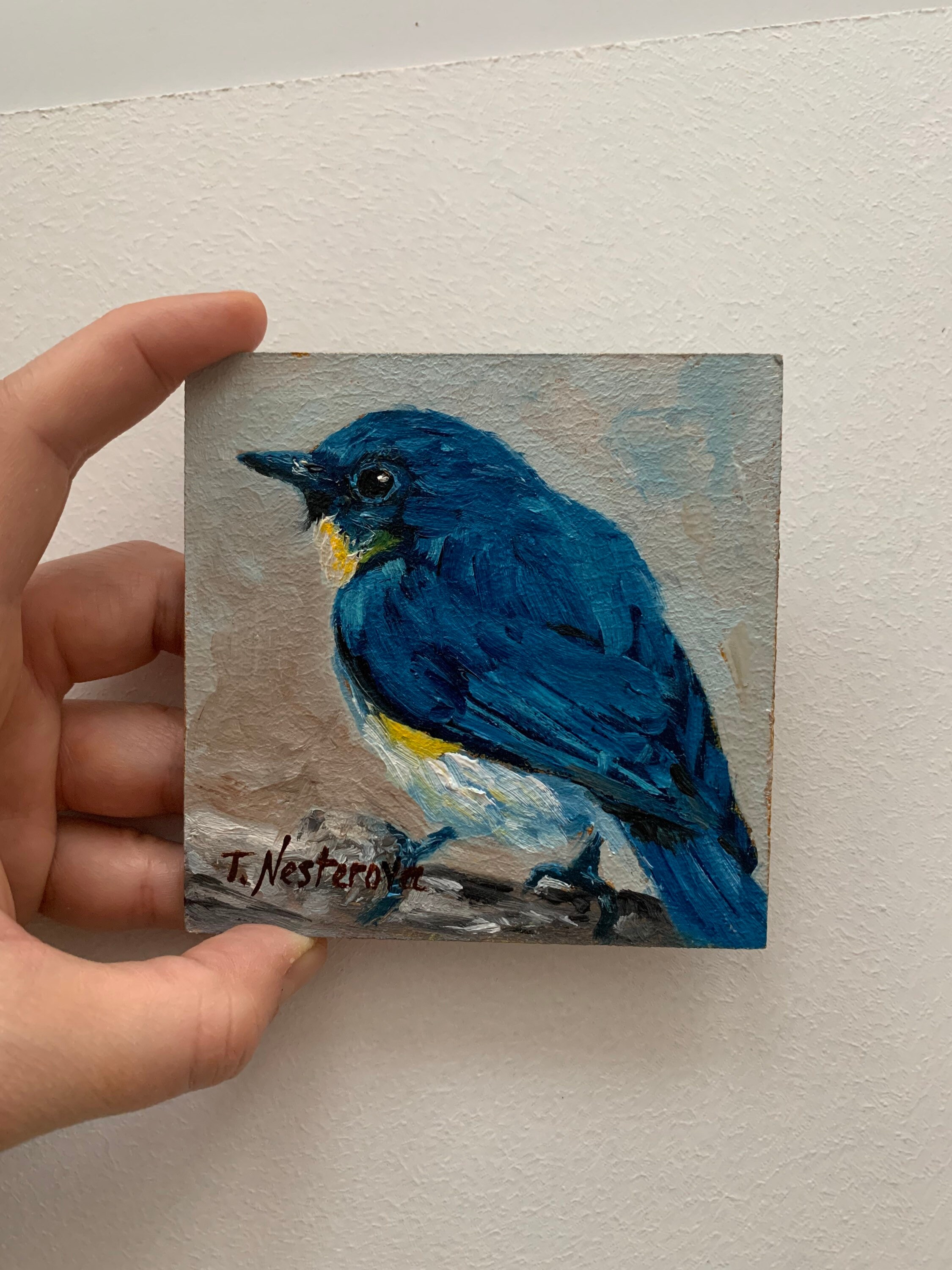 Bird Art. Small Tiny Oil Painting 4x4 Inches. Blue Bird. Original Fine ...