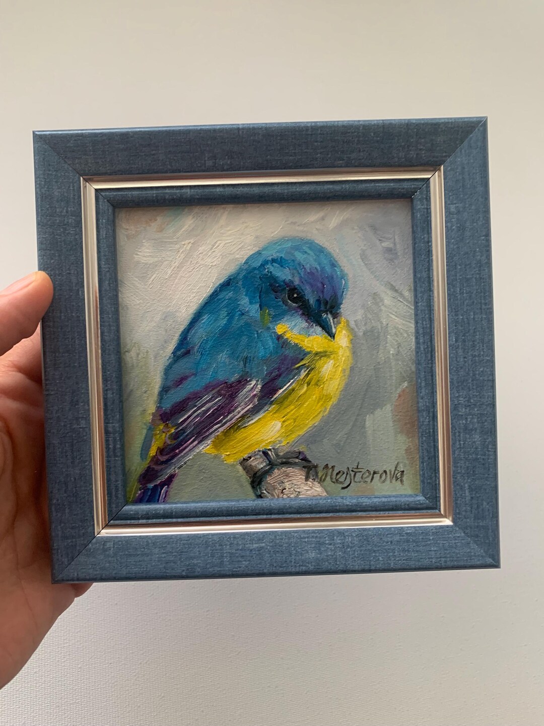 Bird Art. Framed Small Tiny Original Oil Painting 4x4 Inches Artwork ...