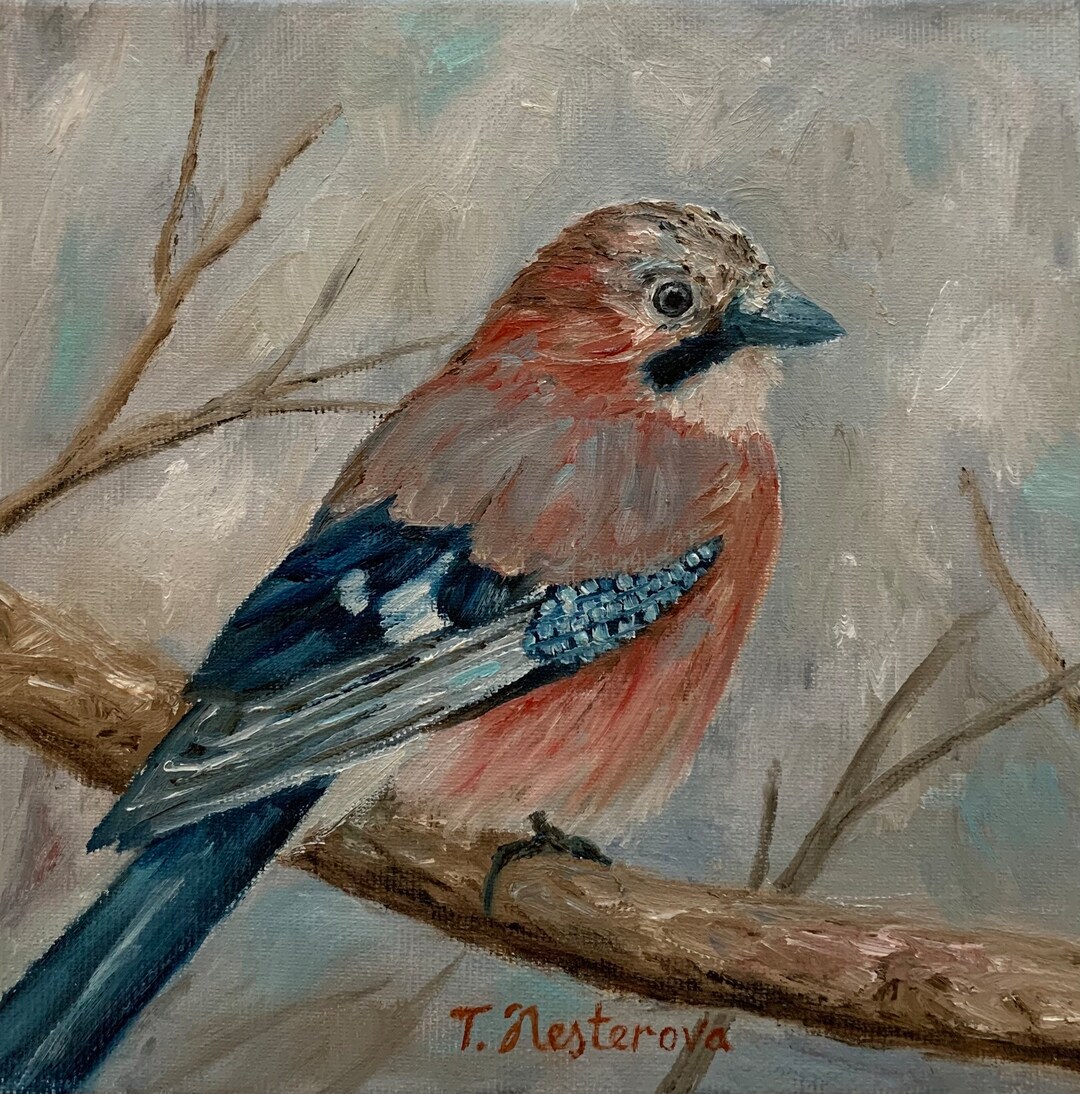 Bird Jay Mockingjay. Small Oil Painting on Canvas 8x8 Inches. Original ...