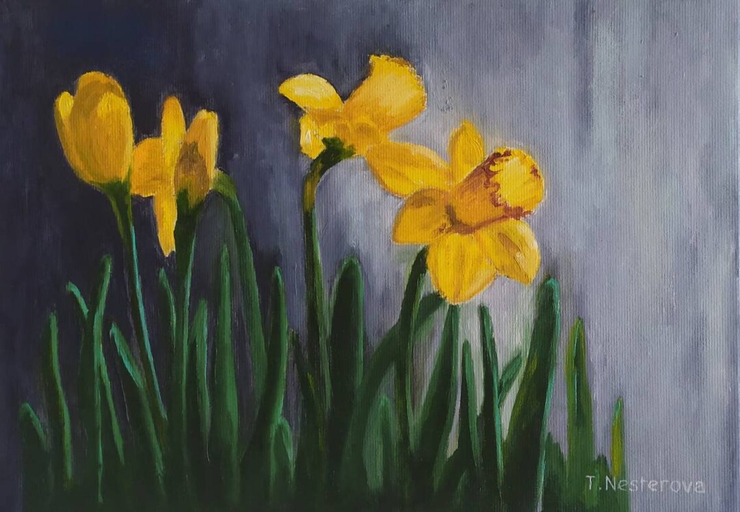 Daffodil Flowers Oil Painting on Canvas 10x14 Inch . Yellow Daffodils ...