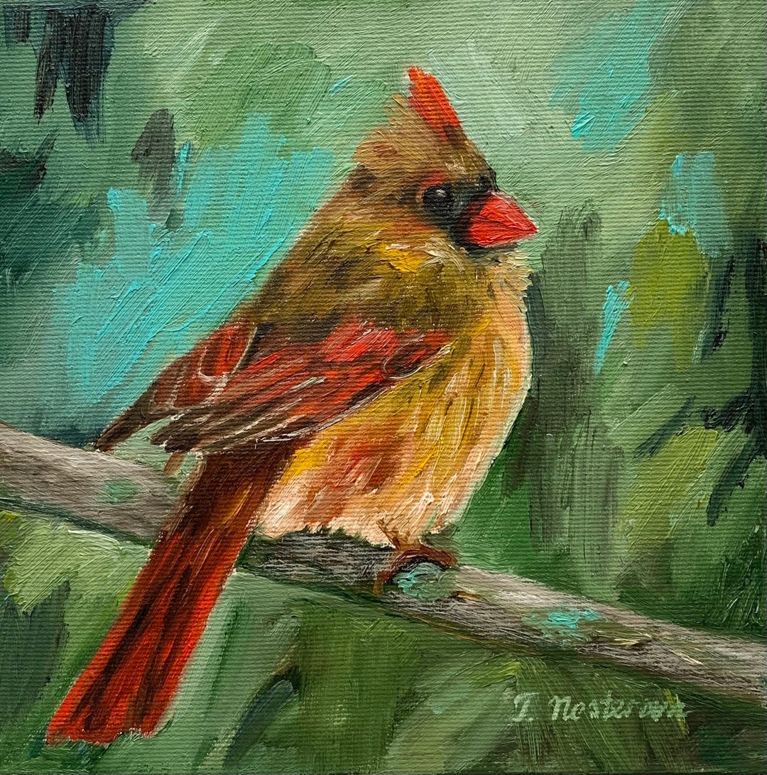 Red Cardinal Bird Painting. Original Oil Painting on Canvas 8x8 Inch ...