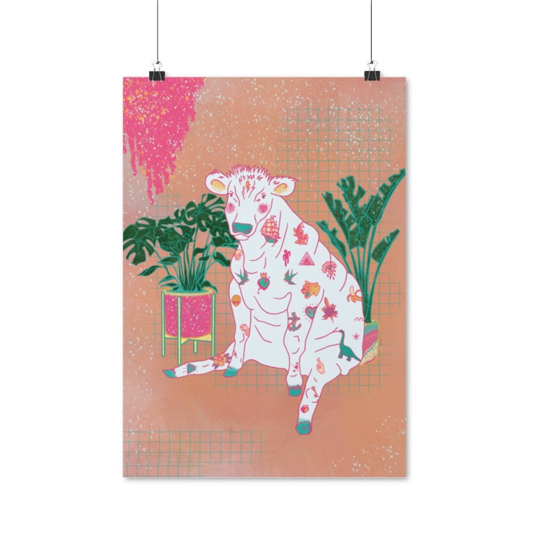 Holy Cow Art Print Poster Tattoo Cow Monstera Modern - Etsy