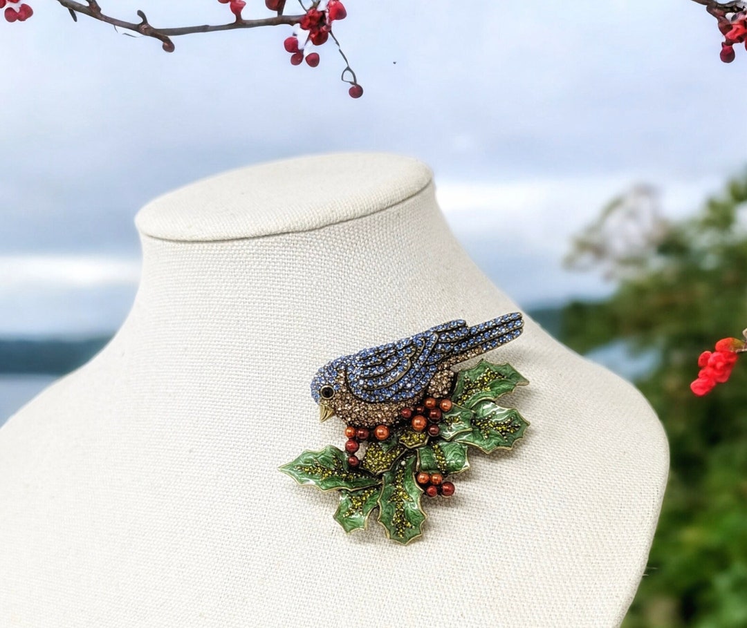 Heidi Daus Bough of Holly Blue Bird on a Holly Branch Pin Brooch ...