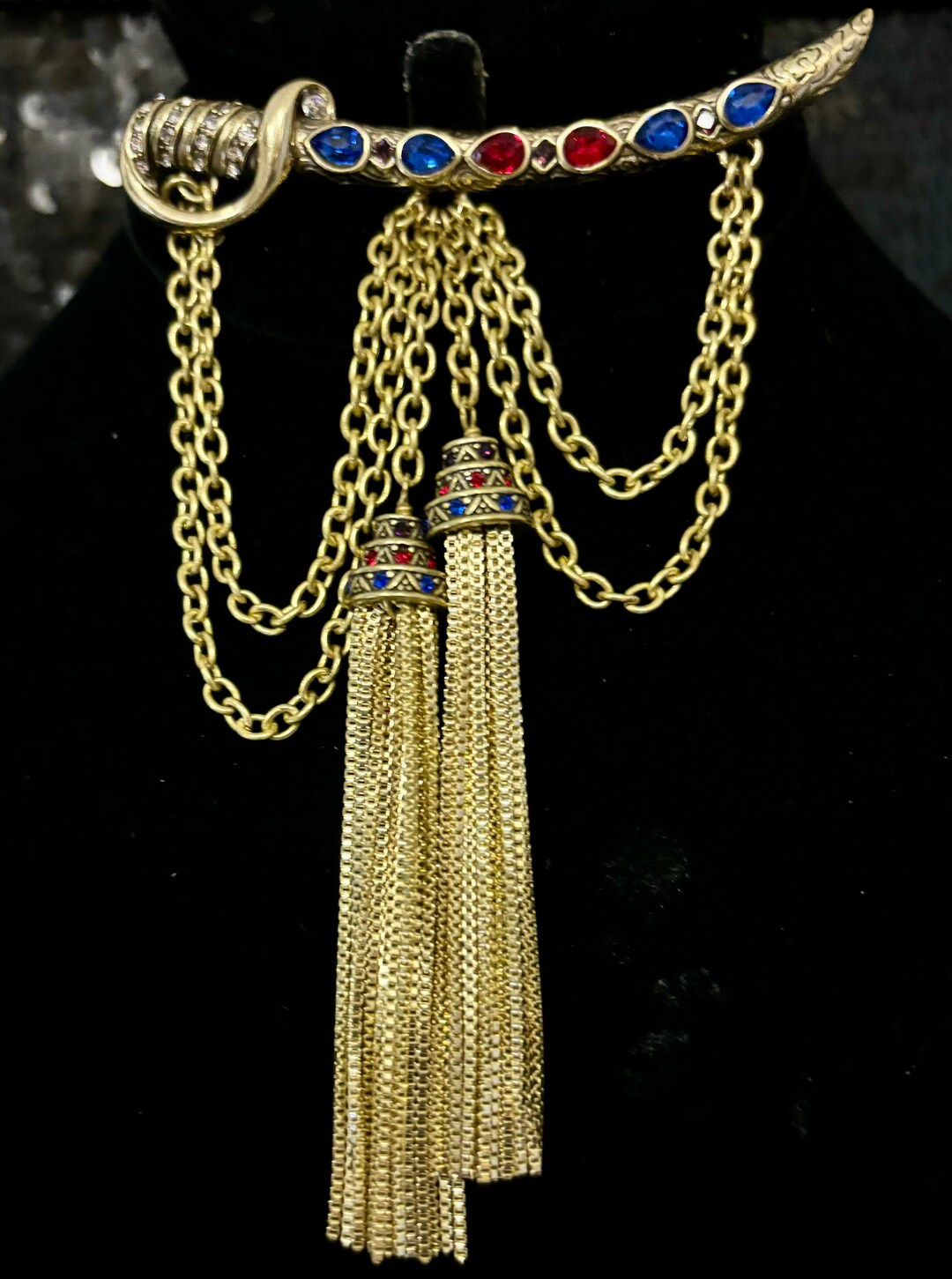 HEIDI DAUS Refined Saberous Sword Crystal and Chain Tassel Pin Brooch ...