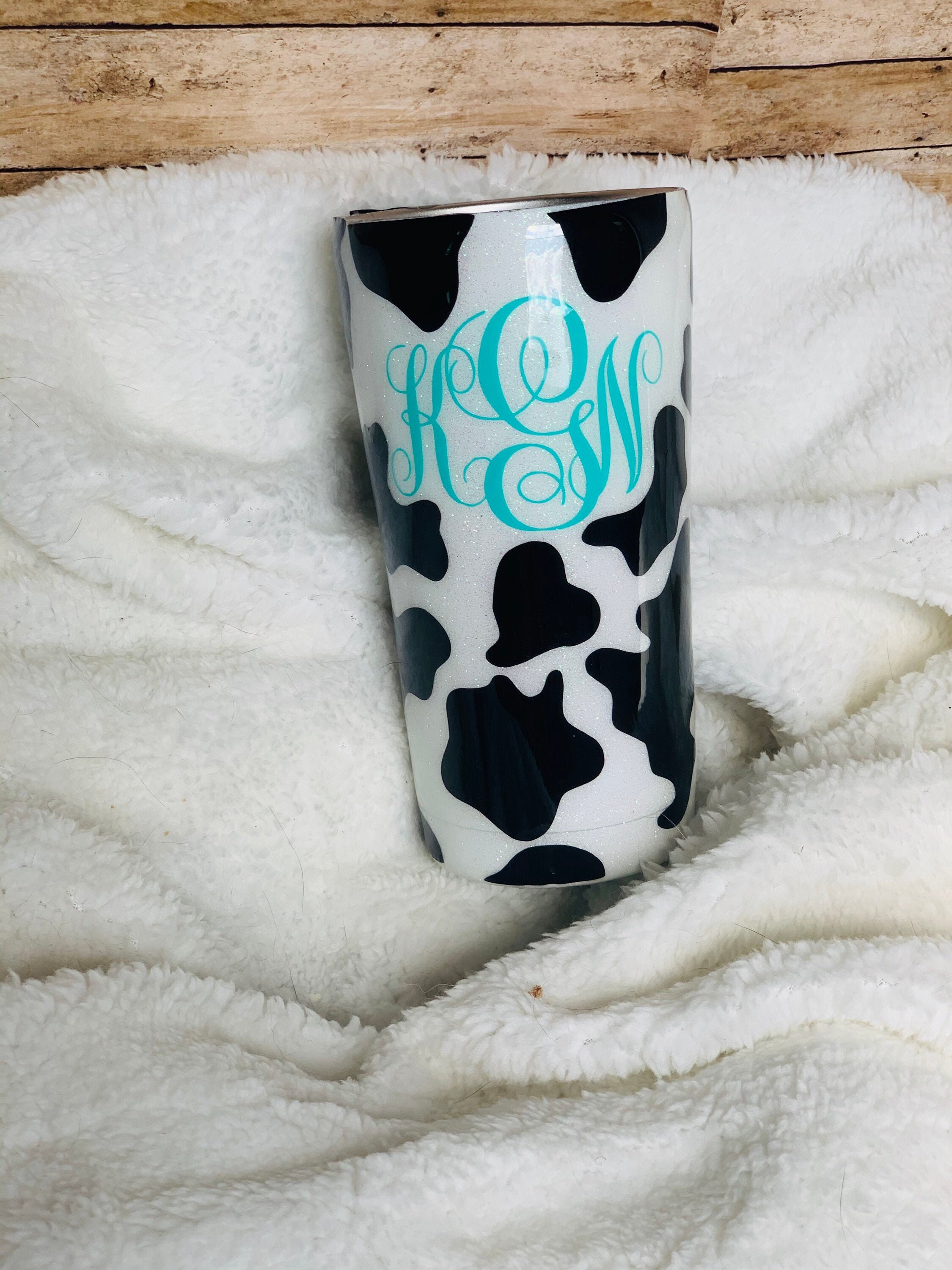 Glitter cow print tumbler with teal monogram | Etsy