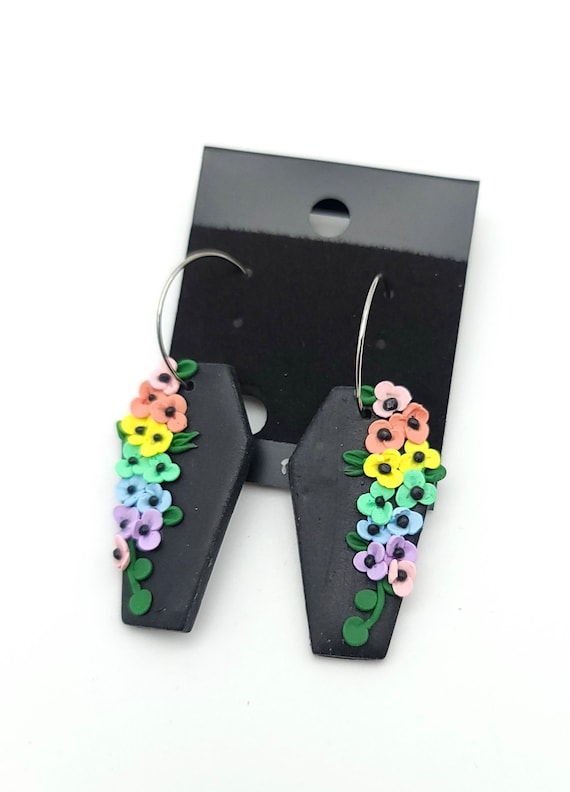 Rainbow Floral Clay Coffin Dangle Hoop Earrings - Etsy