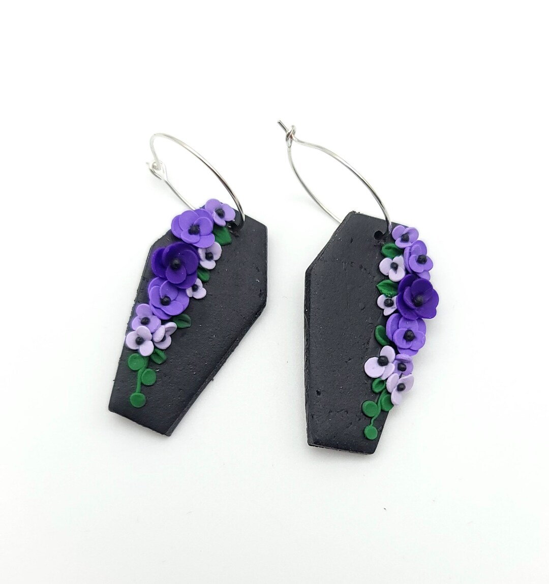 Clay Coffin Dangle Hoop Earrings: Purple Floral Halloween Jewelry - Etsy