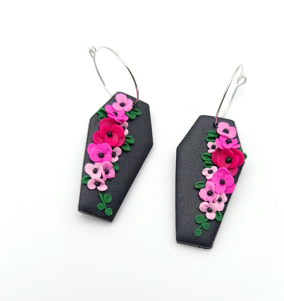 Floral Coffin Dangle Hoop Earrings: Pink Polymer Clay Halloween Jewelry ...