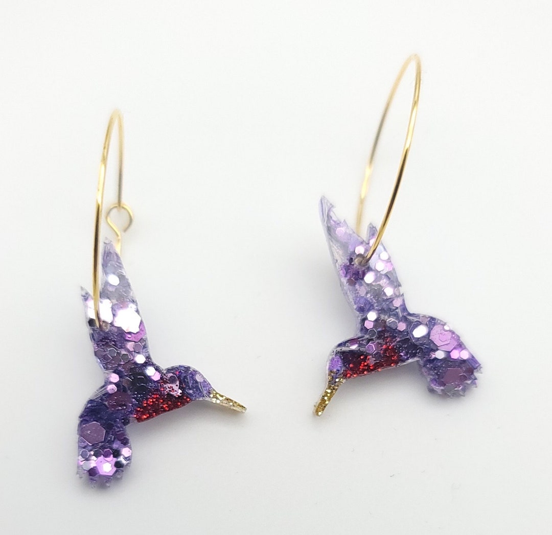 Sparkle Purple Resin Hummingbird Hoop Earrings - Etsy
