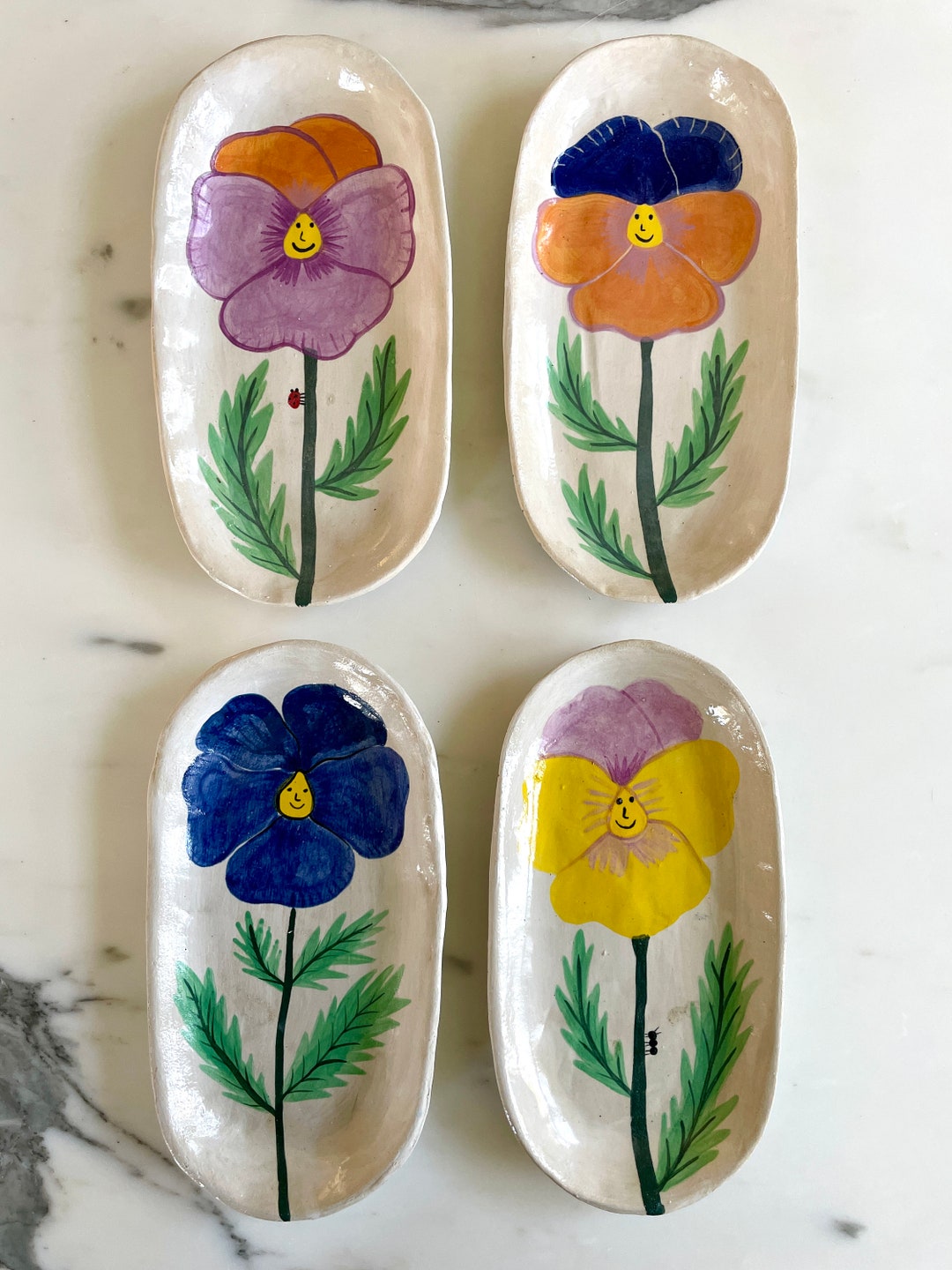 Handcrafted Ceramic Oval Plates: Smiling Pansy Flowers, Springtime ...