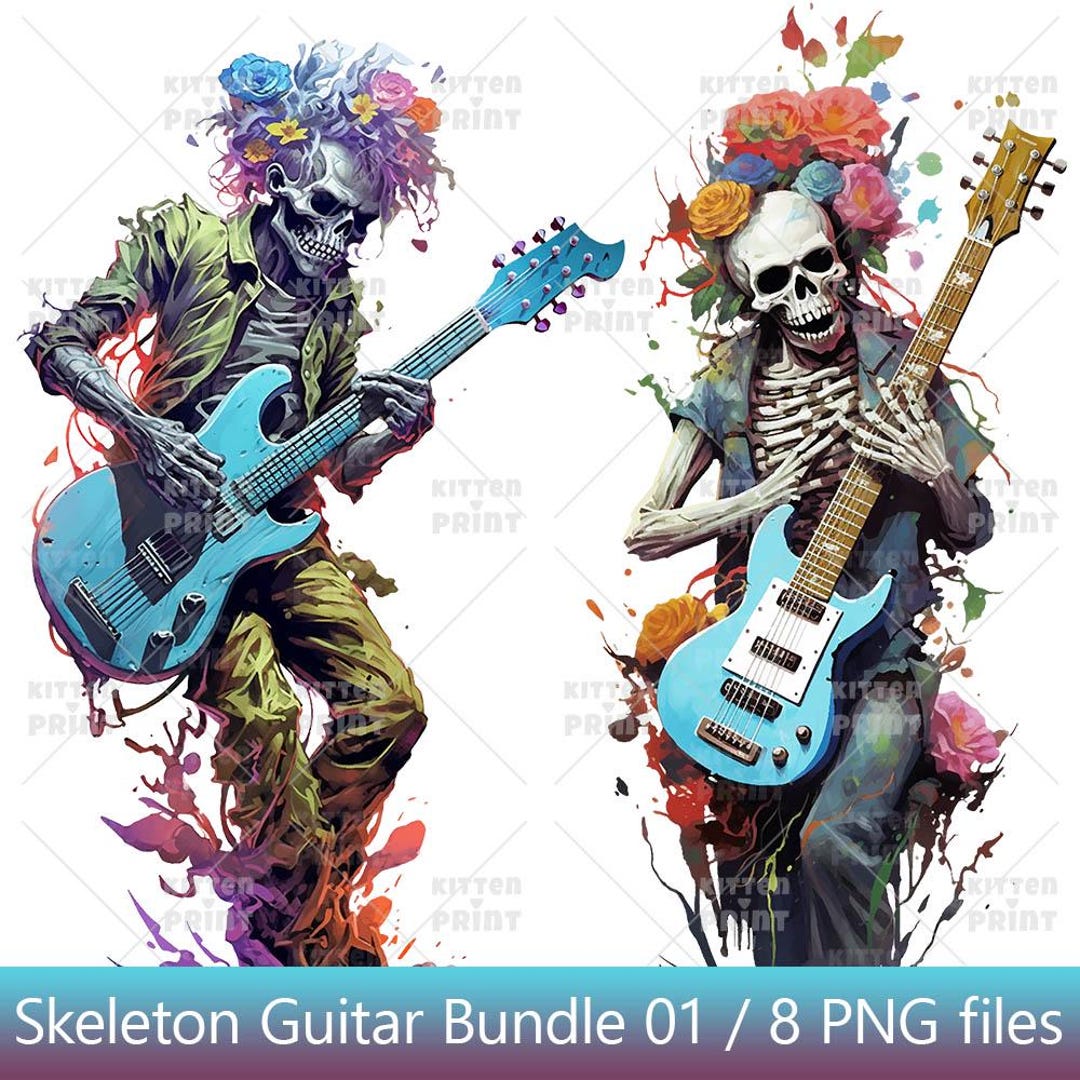 Skeleton Musician Bundle, Skeleton in Flowers, Electric Guitar, Horror ...