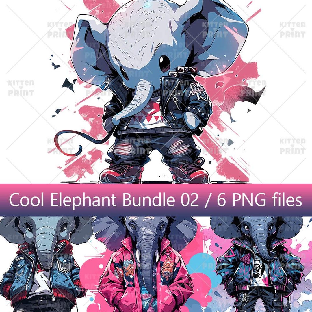 Elephants Illustration Clipart, 6 PNG Hip Hop Designs, African Animals ...