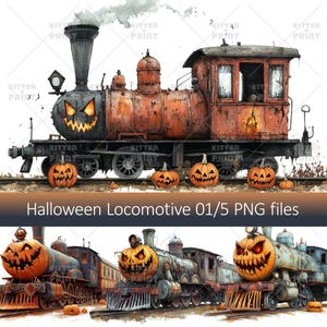Steam Locomotive Pack, Halloween Railroad and Pumpkin, 5 PNG Trains ...