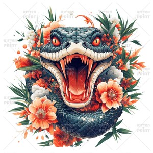 Snake Roar, Angry Cobra, Animals and Bamboo Flowers, 5 PNG Watercolor ...